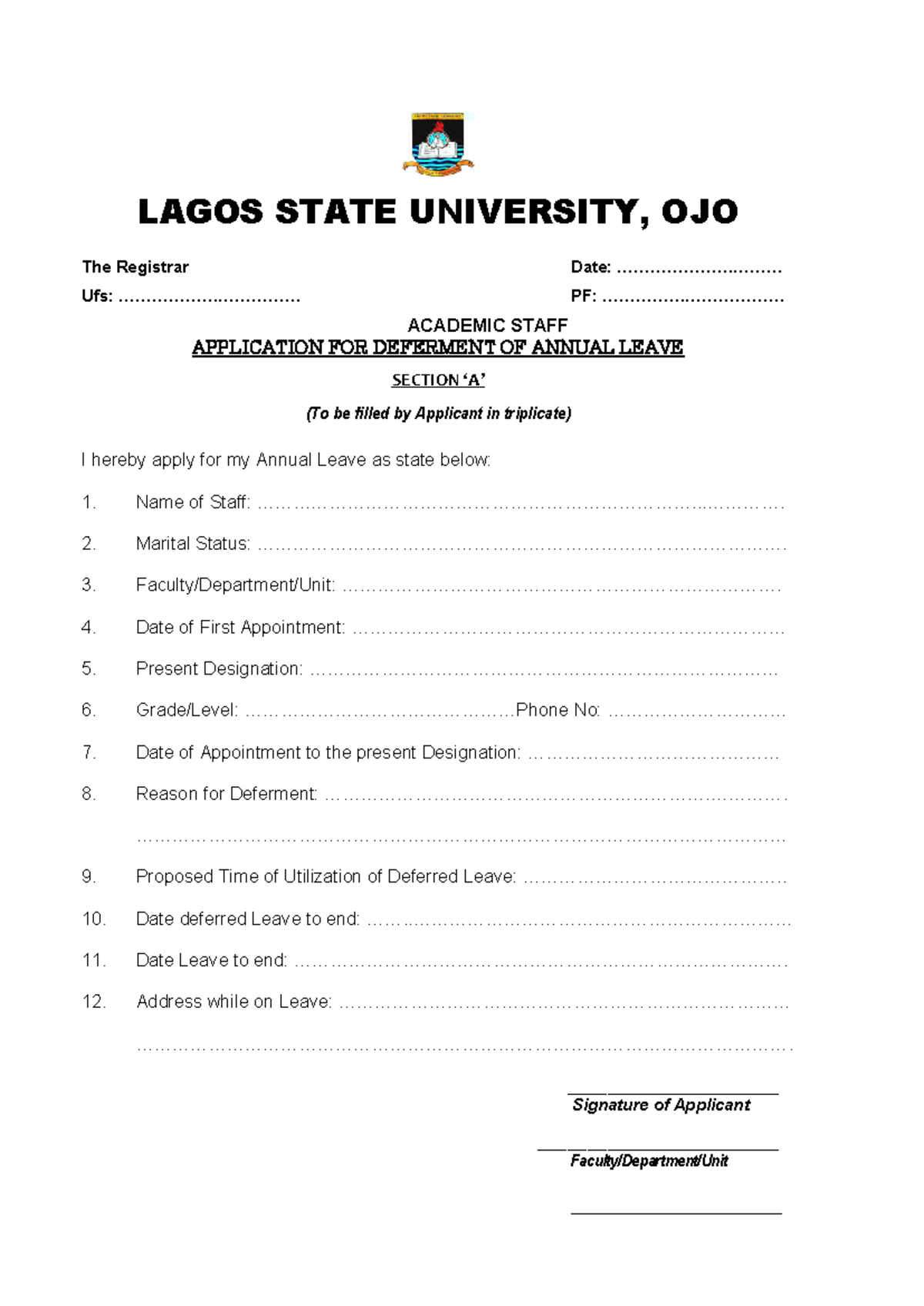 Academic Staff Deferment Leave Form 1584379987 - LAGOS STATE UNIVERSITY ...