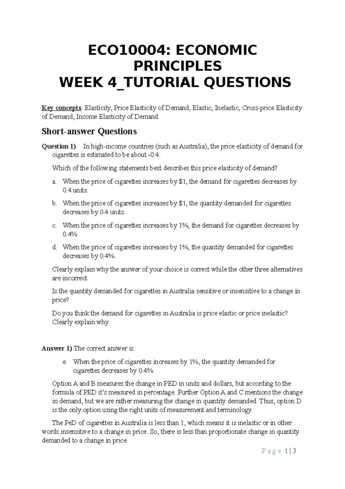 Week 4 Tutorial Questions - ECO10004: ECONOMIC PRINCIPLES WEEK 4 ...