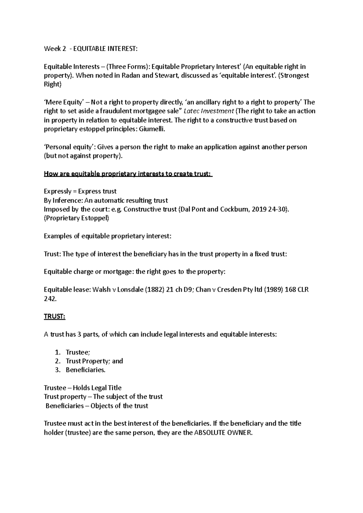 Week 2 Equity Lecture notes - Week 2 - EQUITABLE INTEREST: Equitable ...