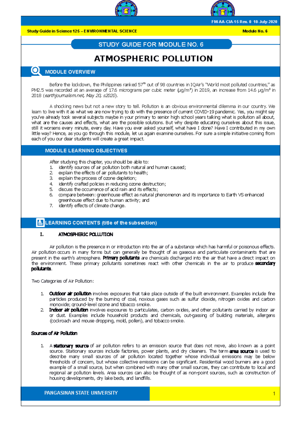 Environmental Science Study-Guide-6: Atmospheric Pollution - PangSU ...