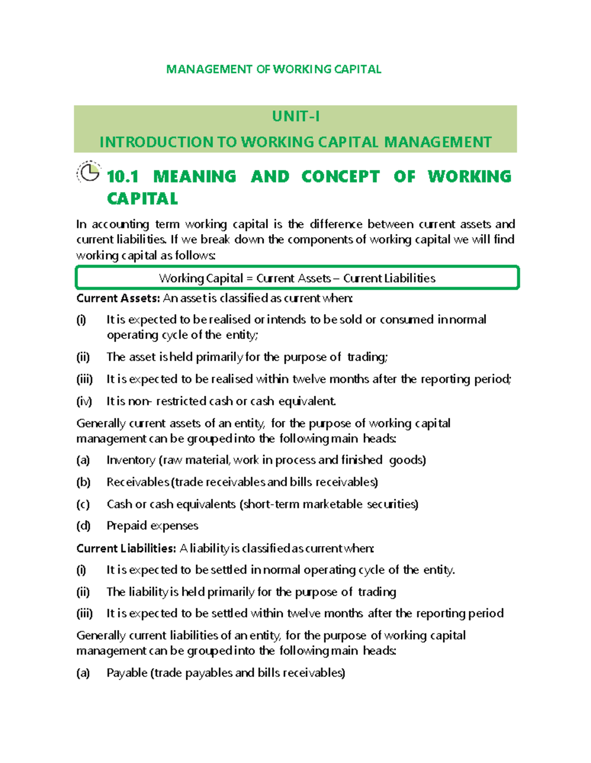 Management OF Working capital - UNIT-I INTRODUCTION TO WORKING CAPITAL ...