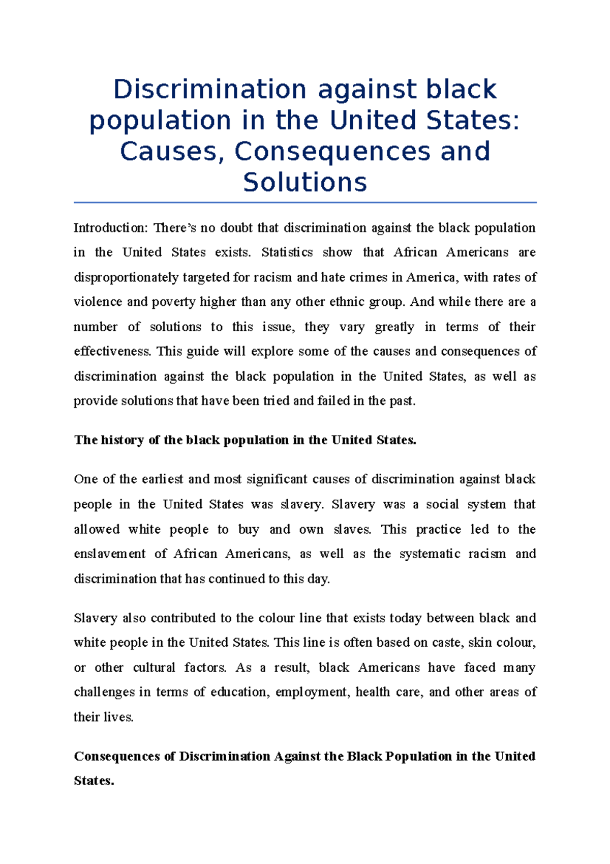 Discrimination against black population in the United States, Causes ...