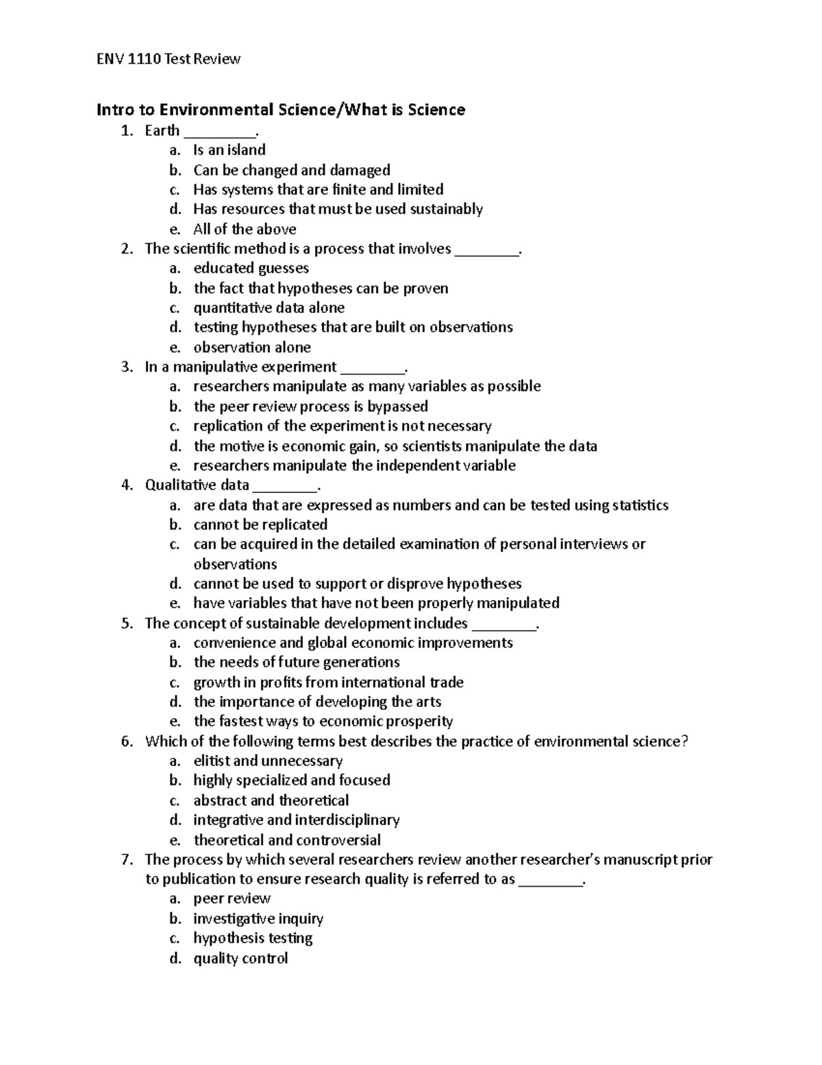 Review - Baseline - ENV 1110 Test Review By Chapter - Intro to ...