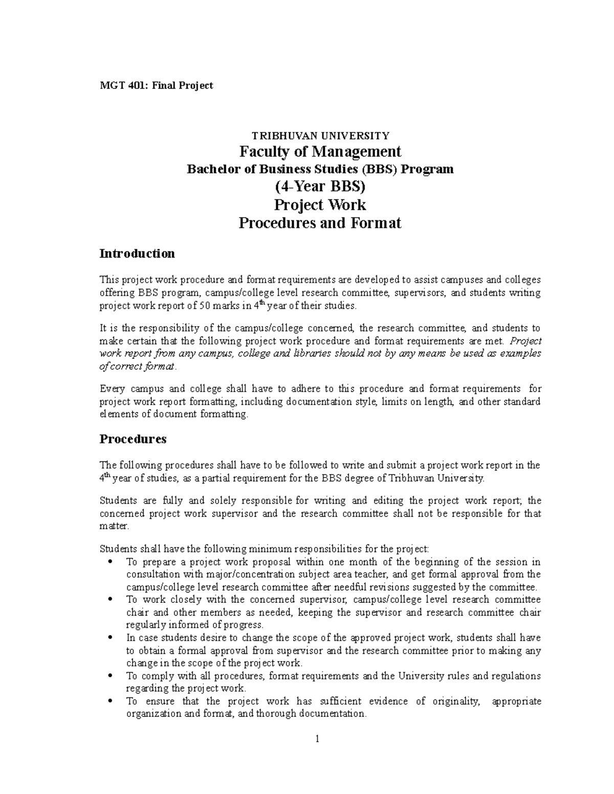 4-Year-BBS-Project-Procedures-779816 - 1 MGT 401: Final Project ...