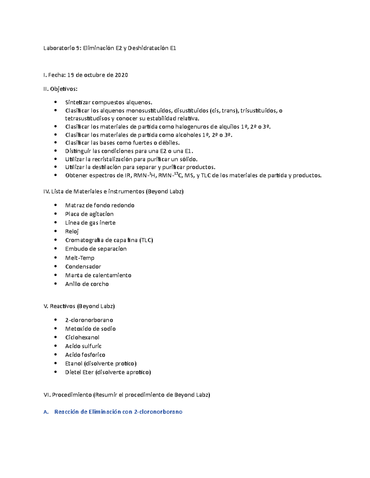 Laboratorio 9 Eliminación E2 y deshidratación E1, quimica org 1 - Quimica Organica - Studocu