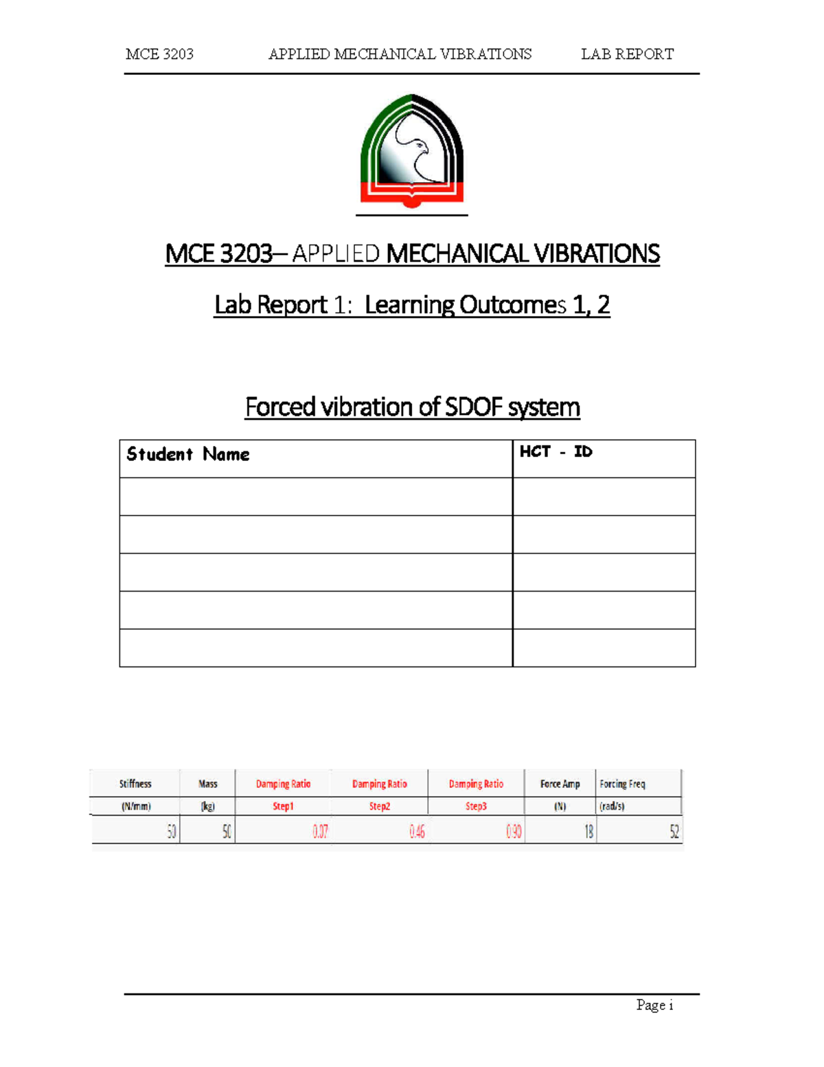 Lab Report 1 - Forced vibration of SDOF system 2 - Page i MCE 3203 ...