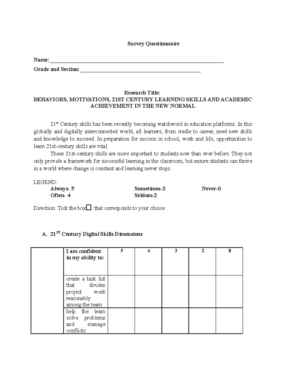 Survey Questionnaire for Methods of Research - Survey Questionnaire ...
