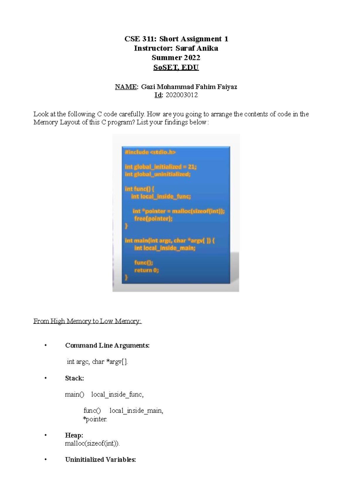 202003 012 - Useful documents - CSE 311: Short Assignment 1 Instructor ...
