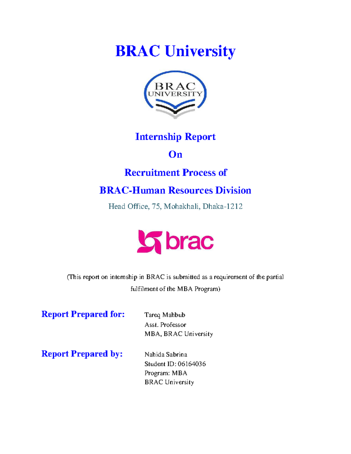 BRAC University Internship Report On Rec - BRAC University Internship ...