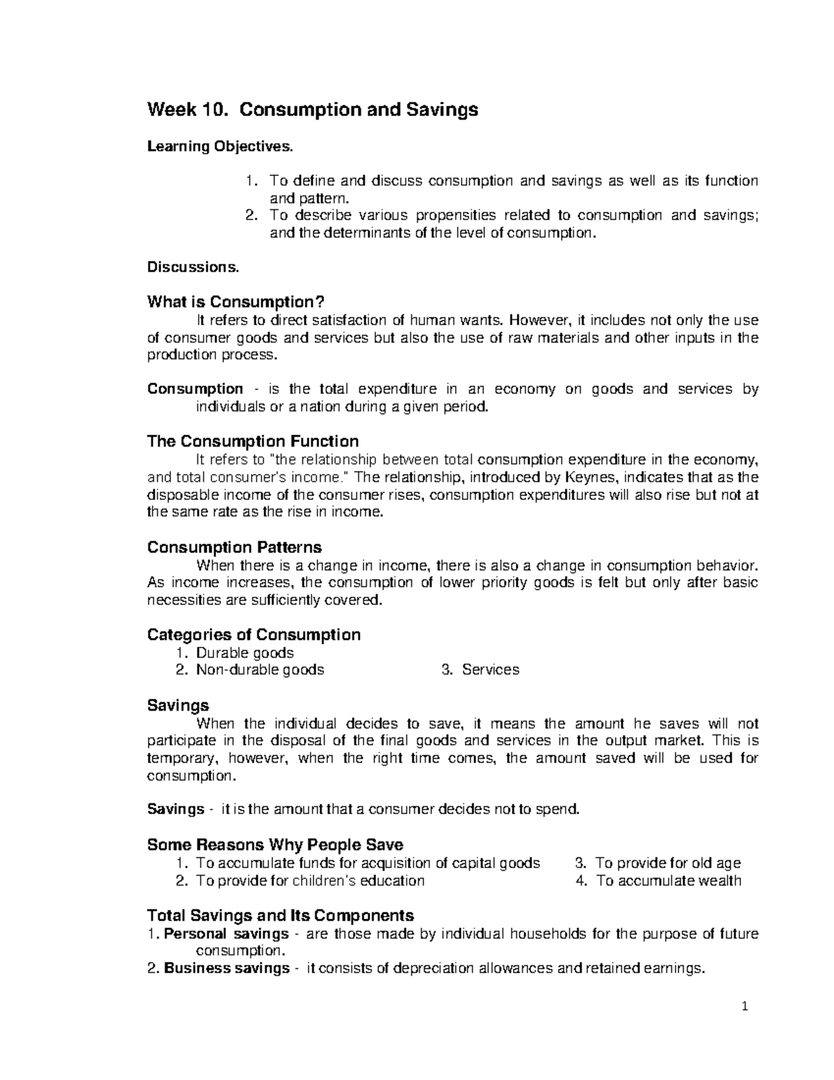 Econ 1 - Consumption and Savings - 1 Week 10. Consumption and Savings ...