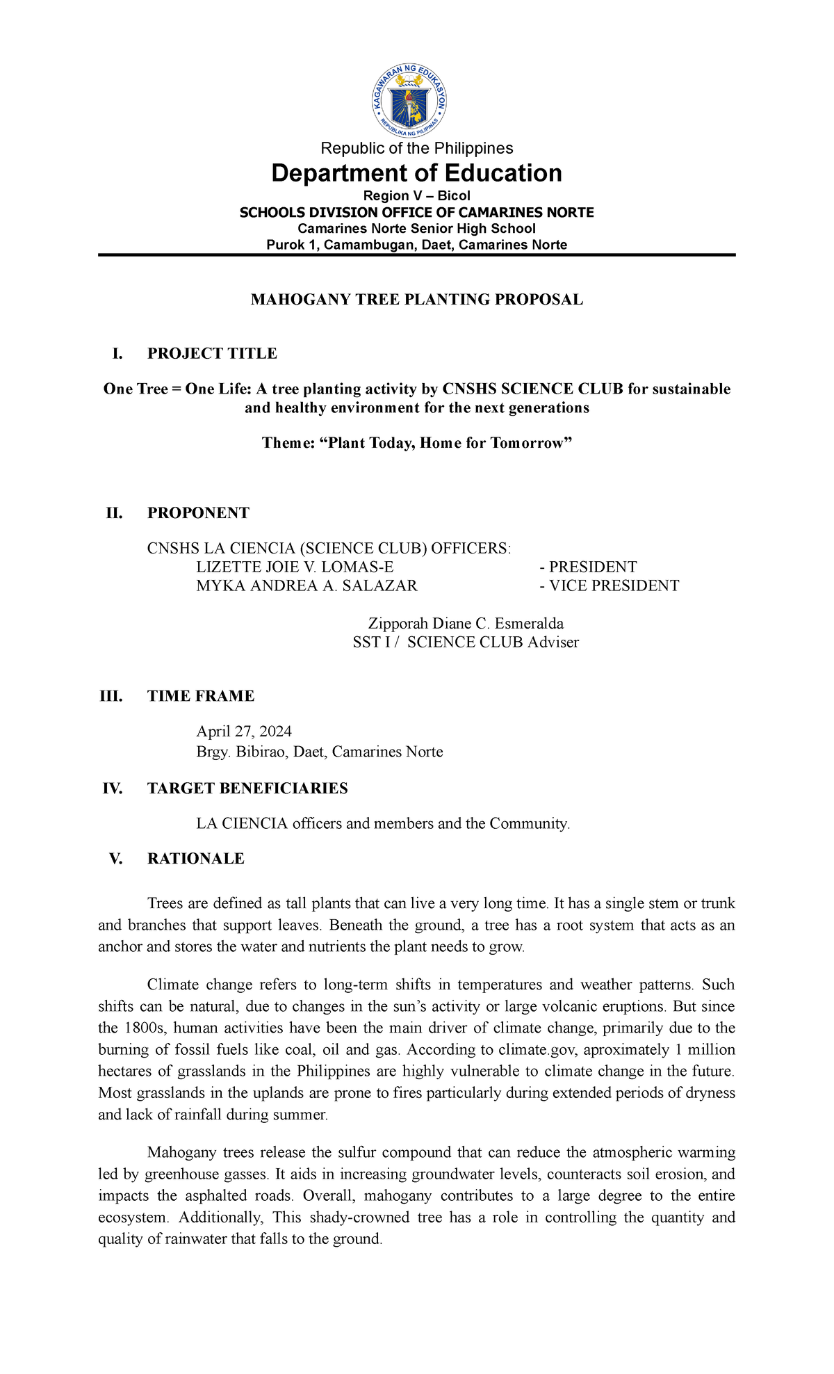 Mahogany Tree Planting Proposal - Republic of the Philippines ...