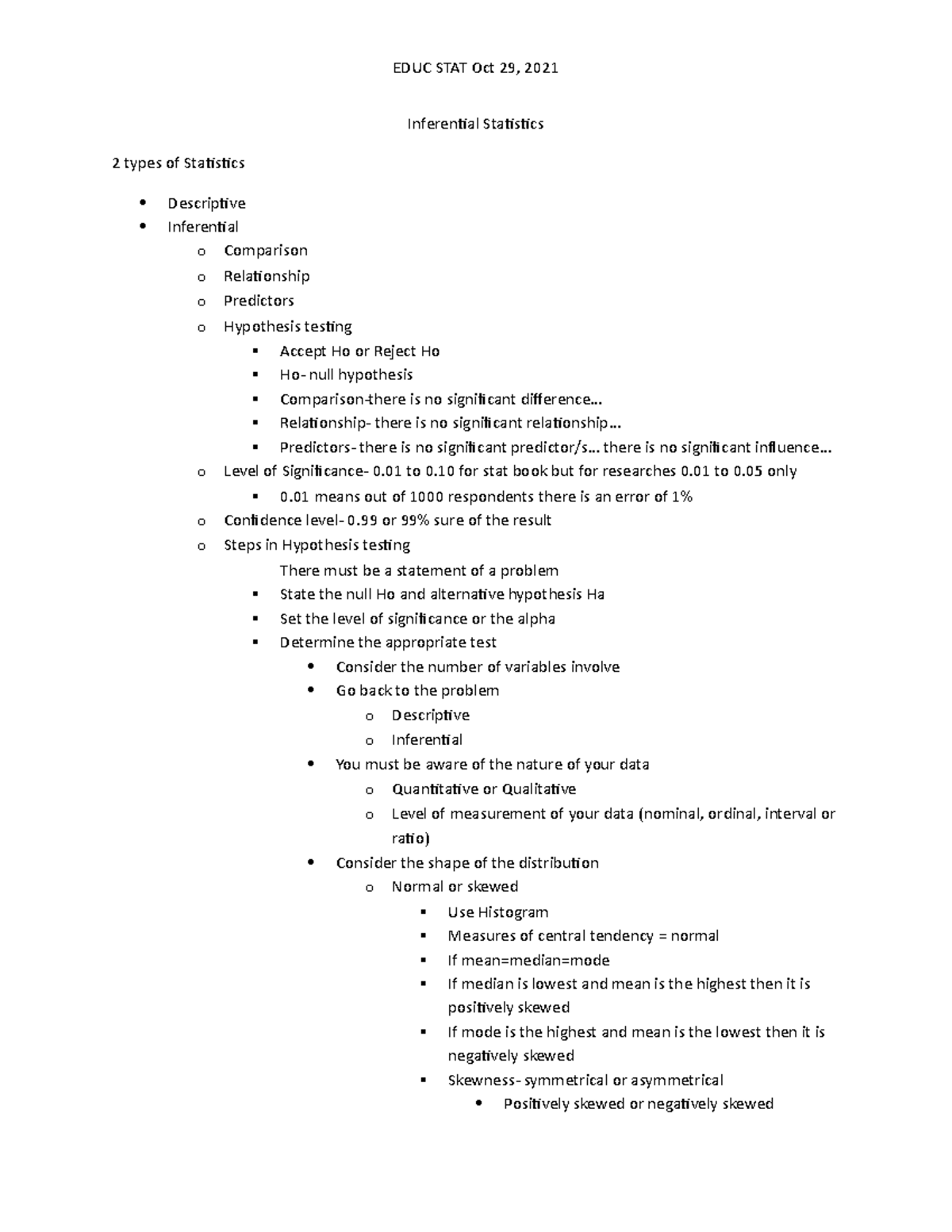 Statistics Lecture note - EDUC STAT Oct 29, 2021 Inferential Statistics ...