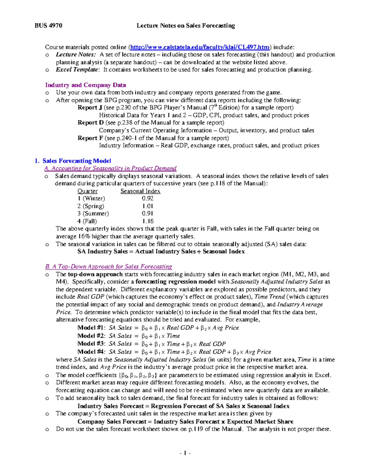 BUS 4970 Forecasting Notes - BUS 4970 Lecture Notes on Sales ...