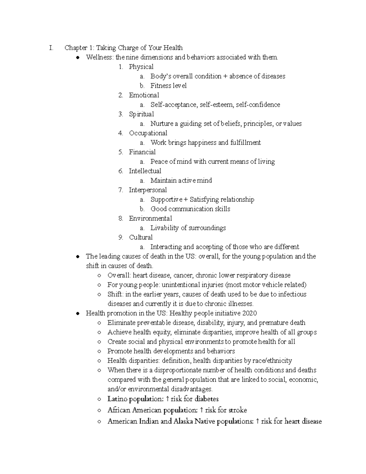 HPEX 357 Midterm Notes - I. Chapter 1: Taking Charge of Your Health ...