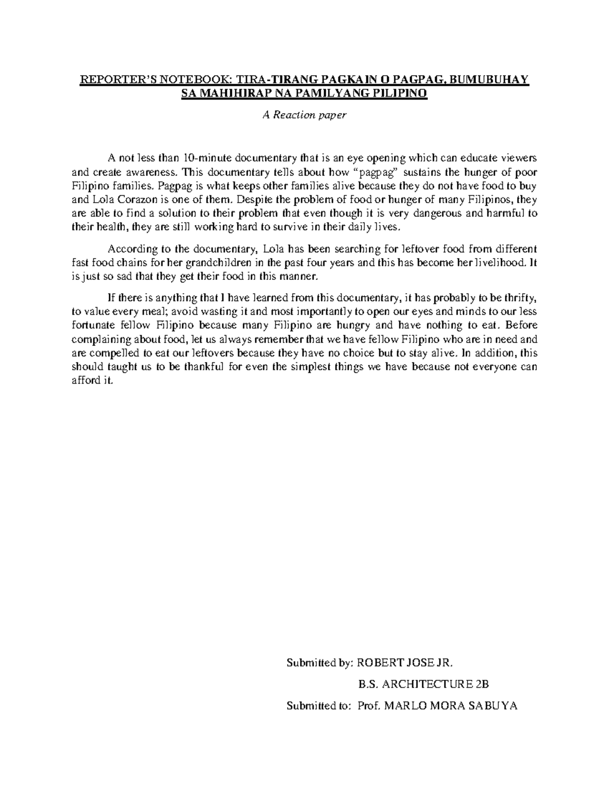 reaction paper about pagpag and dumpster diving - REPORTER’S NOTEBOOK ...