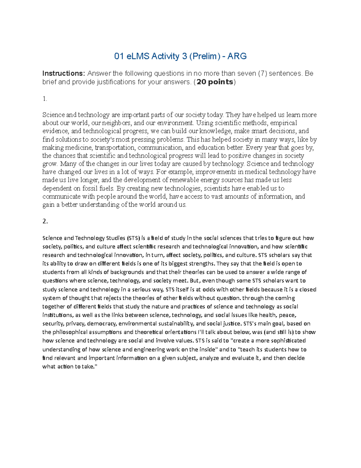 STS Activity 3 - assignment - 01 eLMS Activity 3 (Prelim) - ARG Instructions: Answer the ...