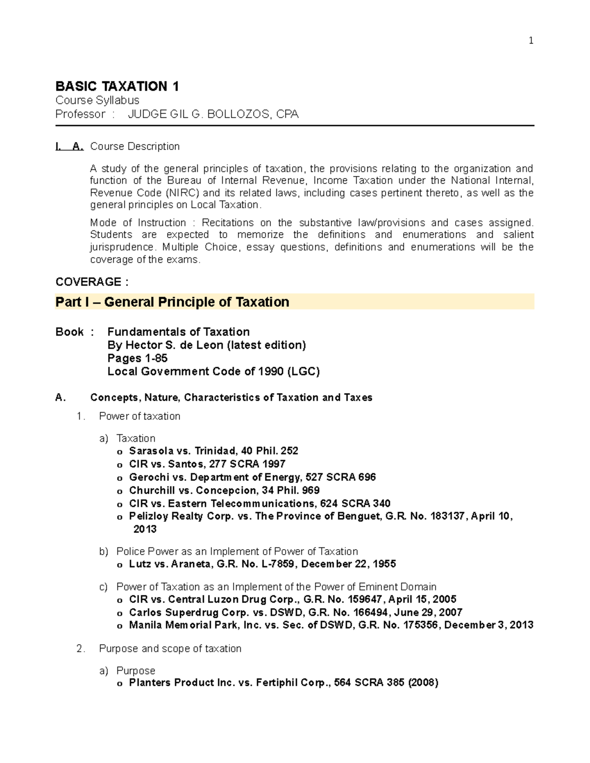 Basic Taxation - BASIC TAXATION 1 Course Syllabus Professor : JUDGE GIL ...