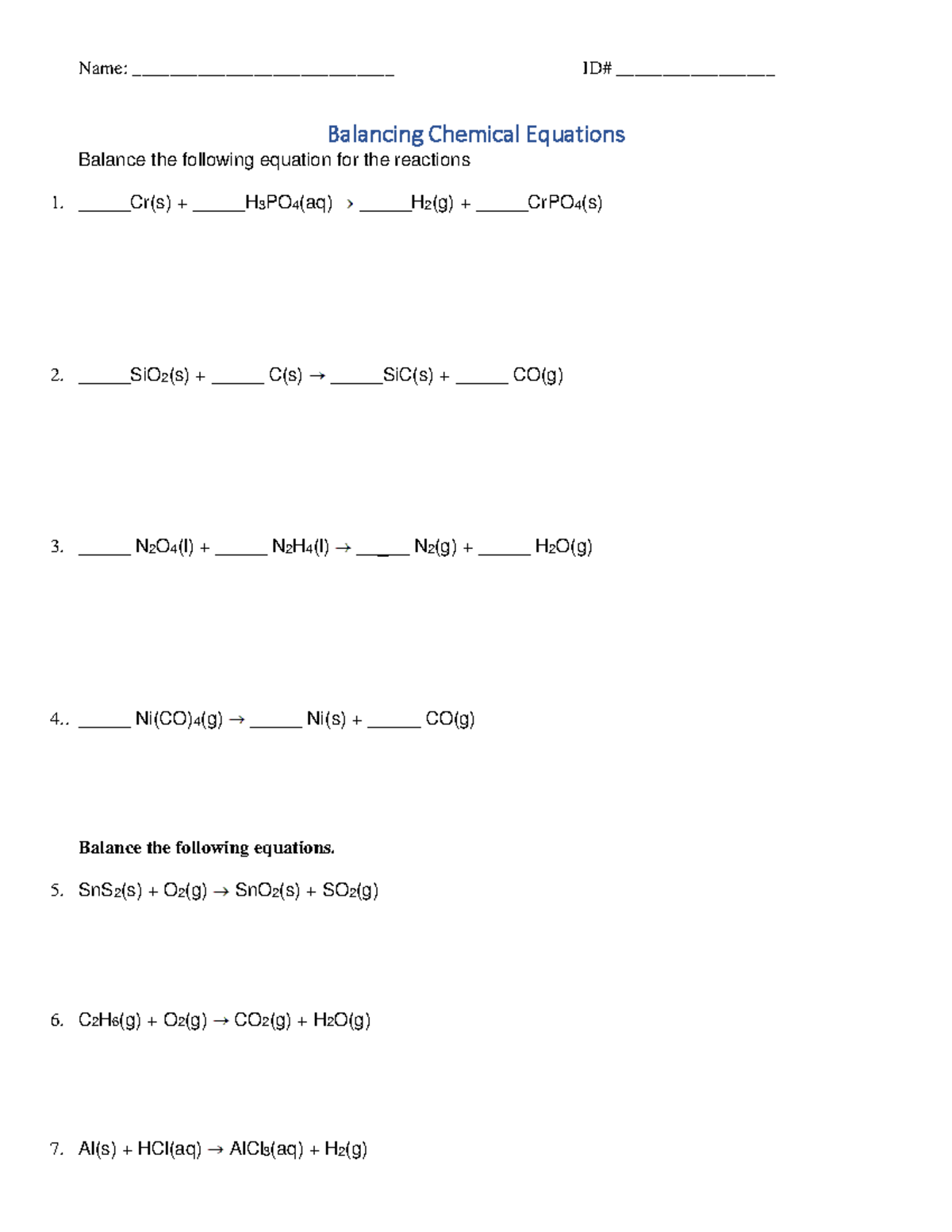 Balancing practice - chem - Name: ____________________________ ID ...