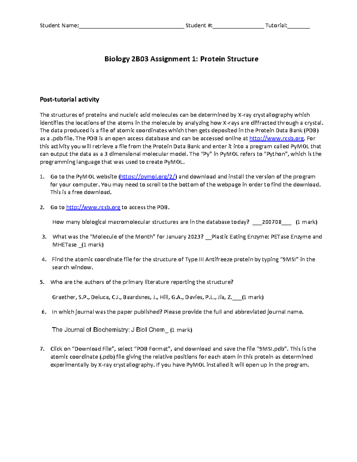 W23 Bio 2B03 Assignment 1 - Protein structure - Student Name