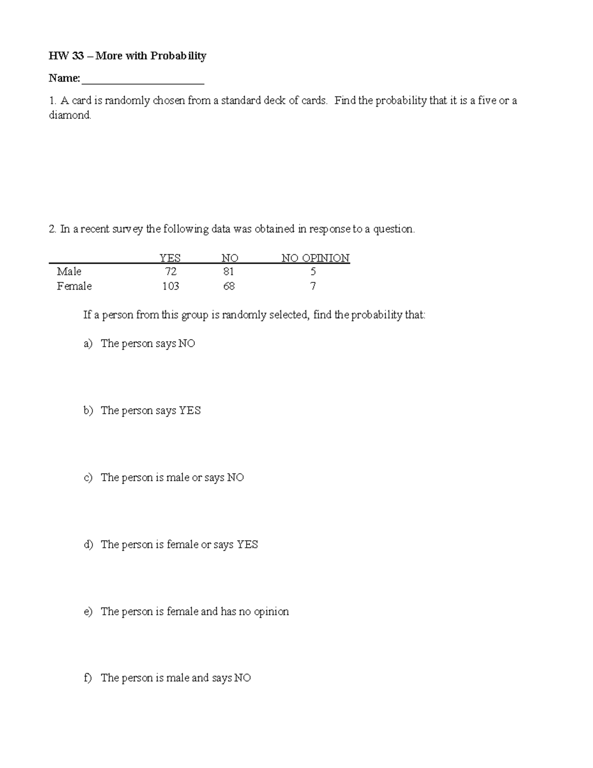 HW 33 More Probability - Math - HW 33 – More with ProbabilityName ...