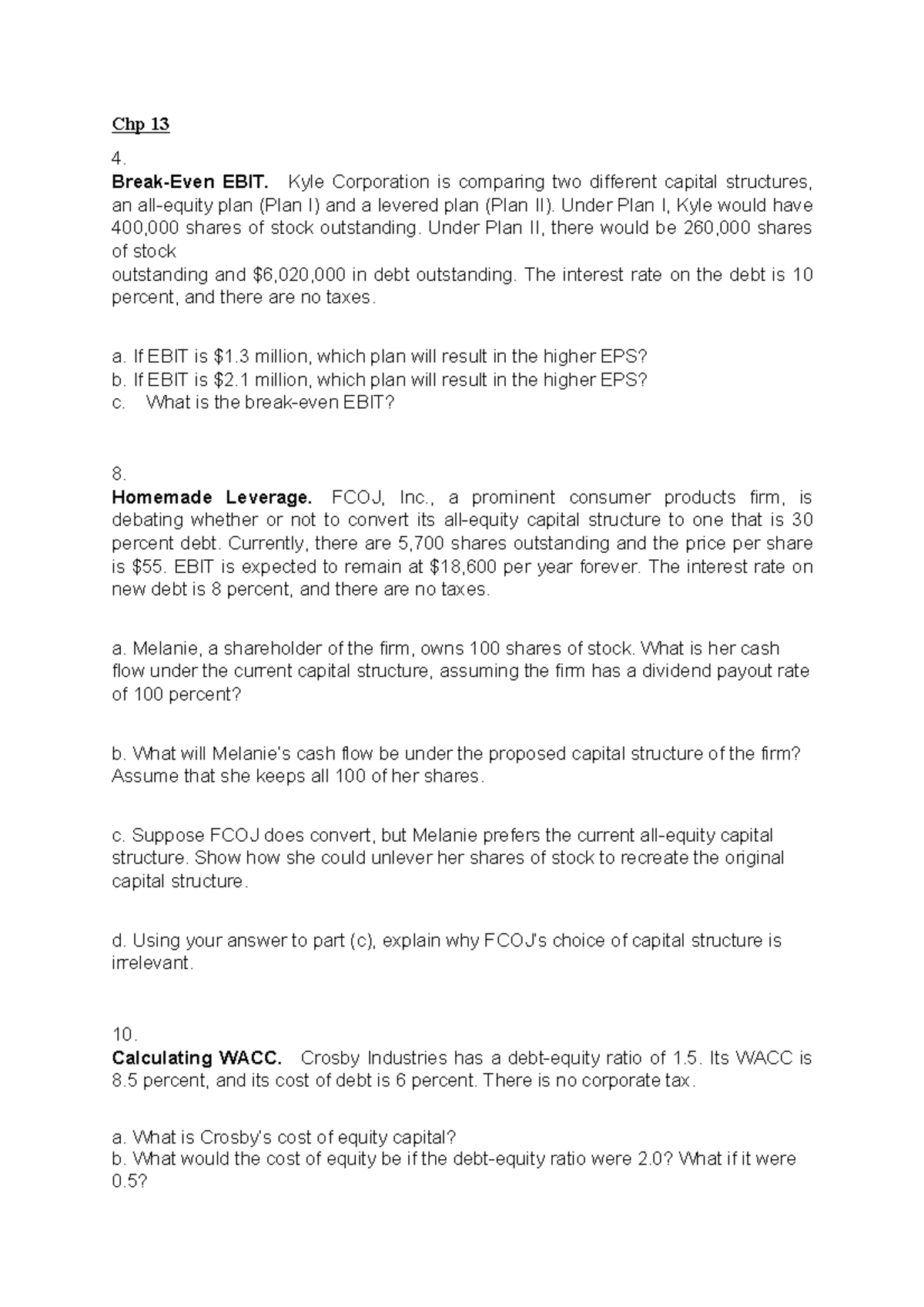 PDF document 2 - Tutorial - Chp 13 Break-Even EBIT. Kyle Corporation is ...