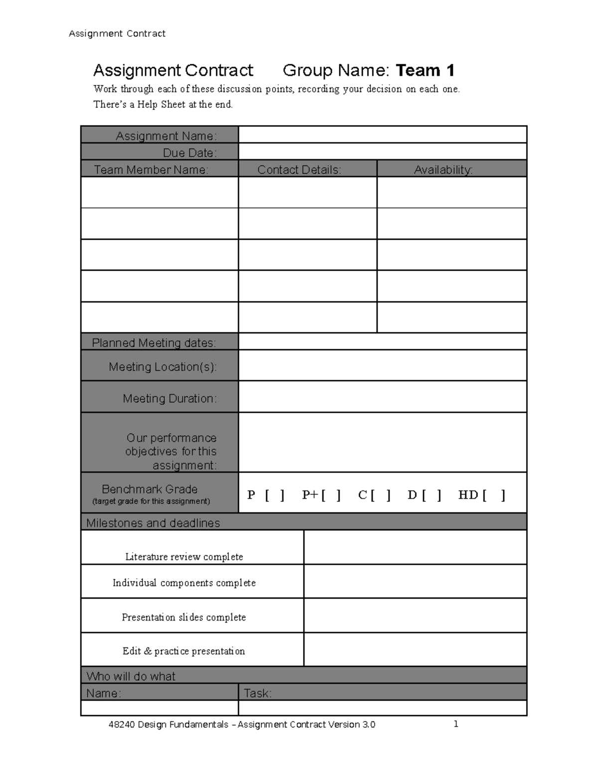 Team Work Contract Form - Assignment Contract 48240 Design Fundamentals ...