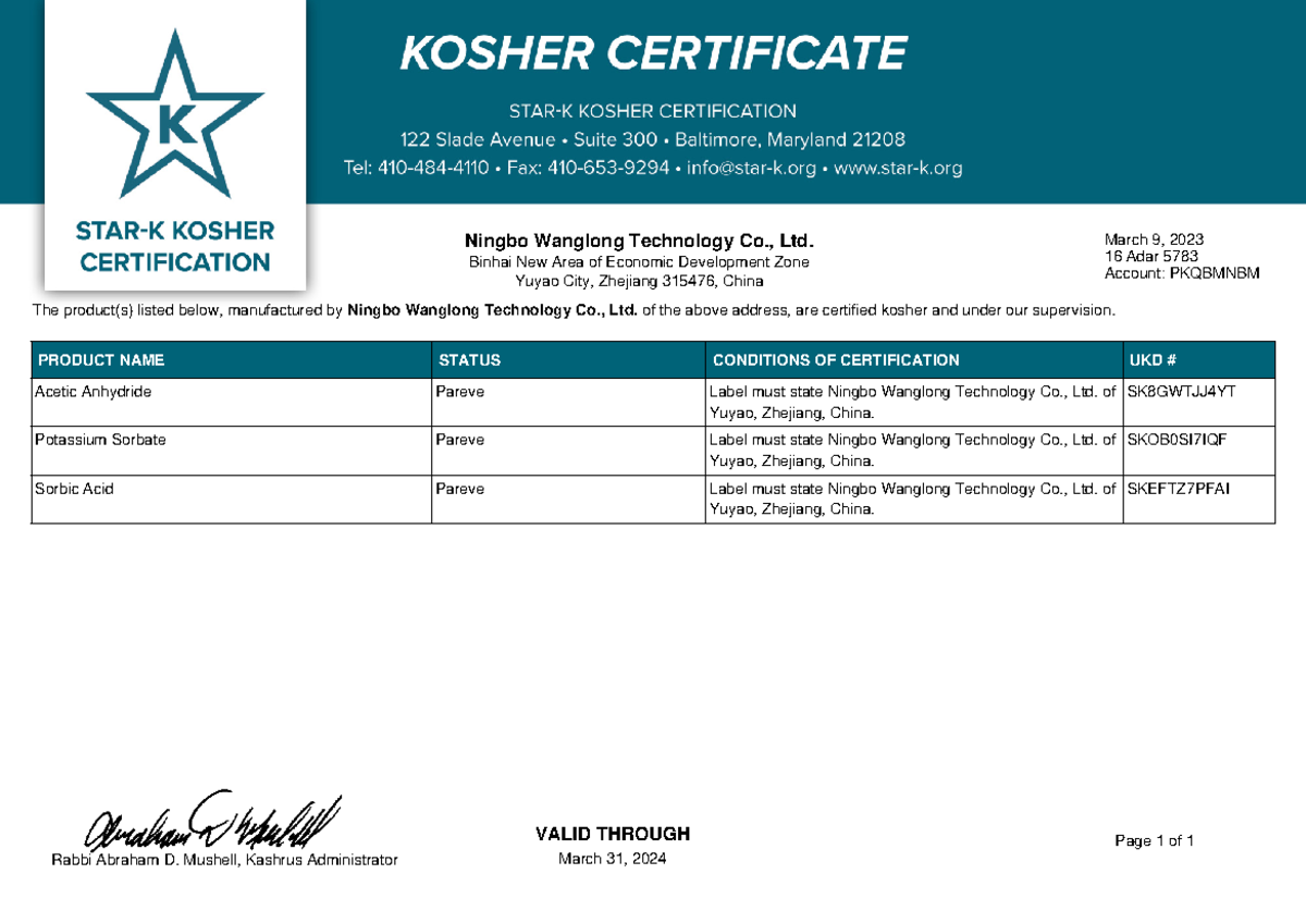 400033 Sorbato Potasio Ningbo Wanglong 31 - Ningbo Wanglong Technology ...