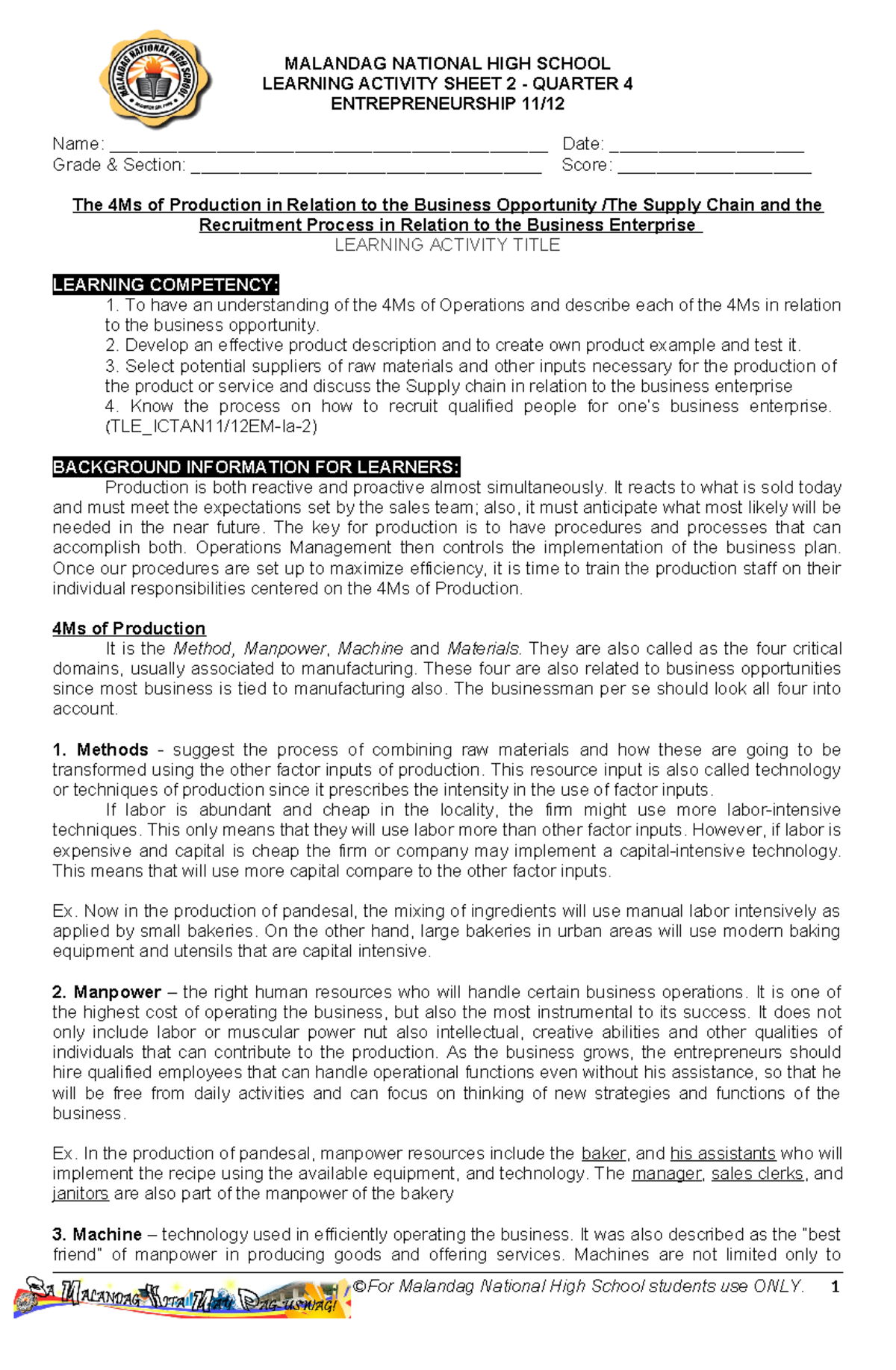 Garde- Entrep-LAS-1Q4 - MALANDAG NATIONAL HIGH SCHOOL LEARNING ACTIVITY ...