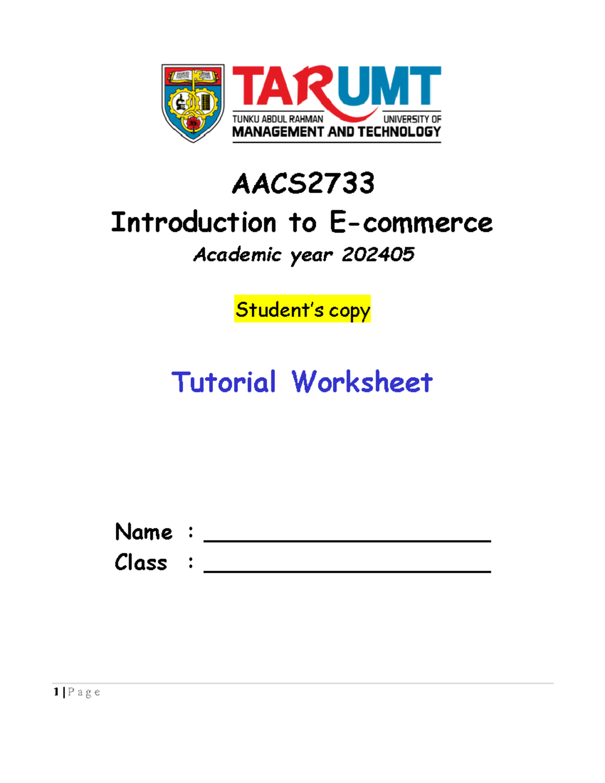 202405 Tutorial Worksheet - AACS Introduction to E-commerce Academic ...