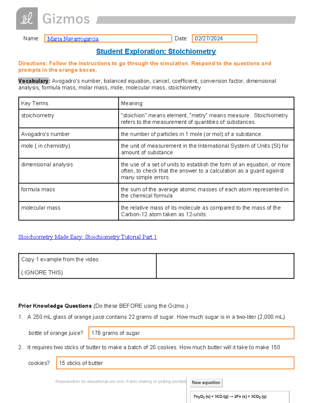 Gizmos lab Stoichiometry - Name: Maria Navarrogarcia Date: 02/27 ...