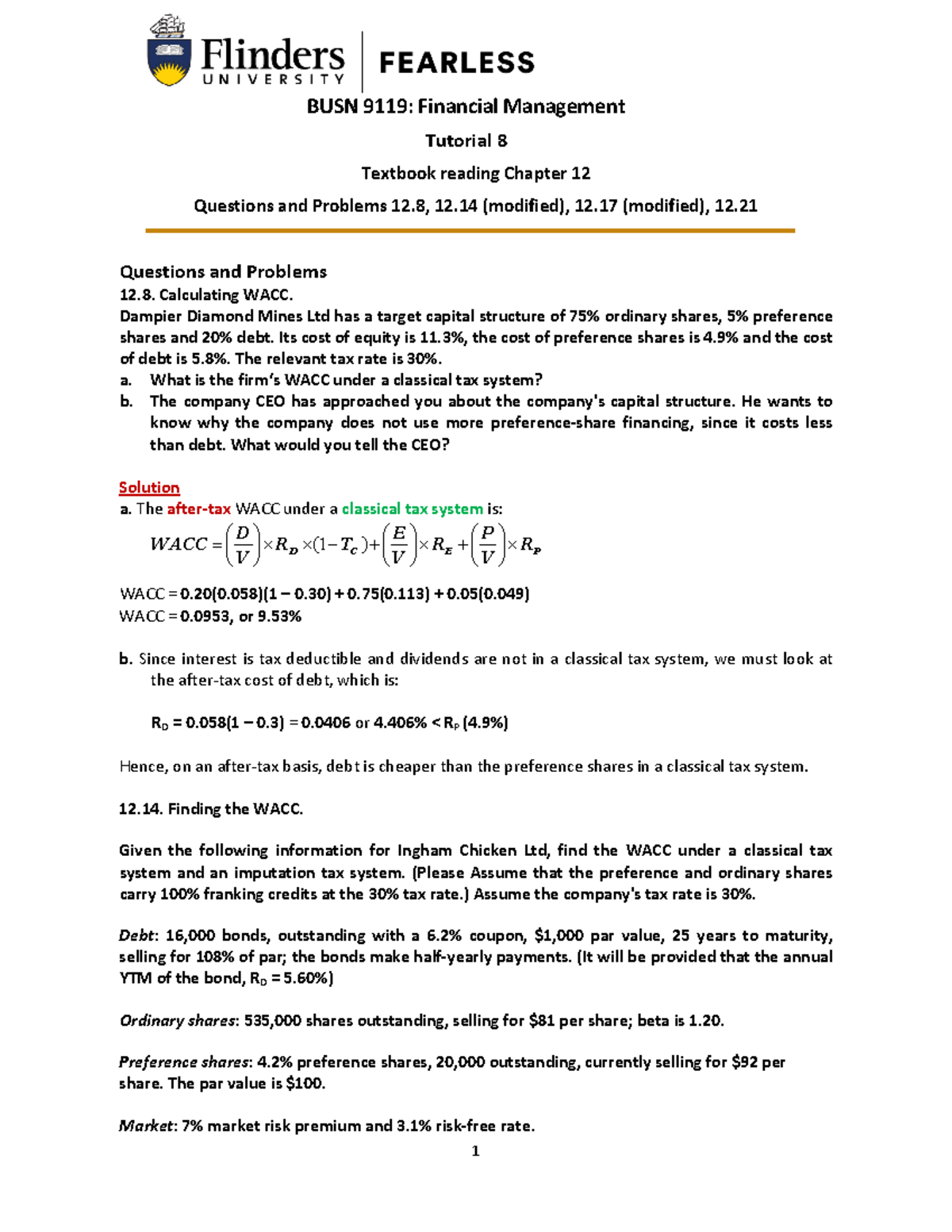 Tute 8 solutions - Financial management - BUSN 9119: Financial ...