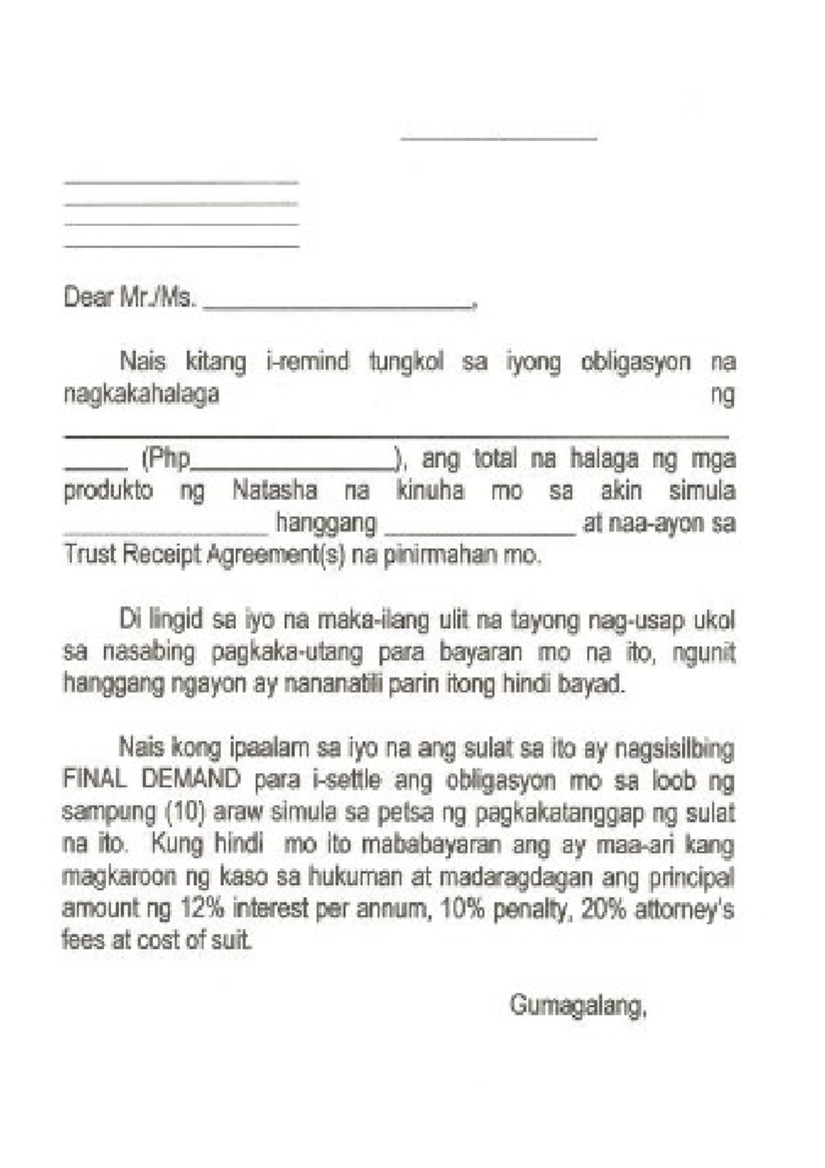 Sample Tagalog Demand Letter - Bachelor of Science in Accoutancy - Studocu