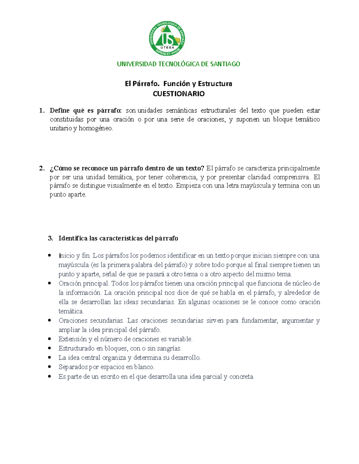 Cuestionario #1 El Párrafo. Estructura y Función - UNIVERSIDAD ...