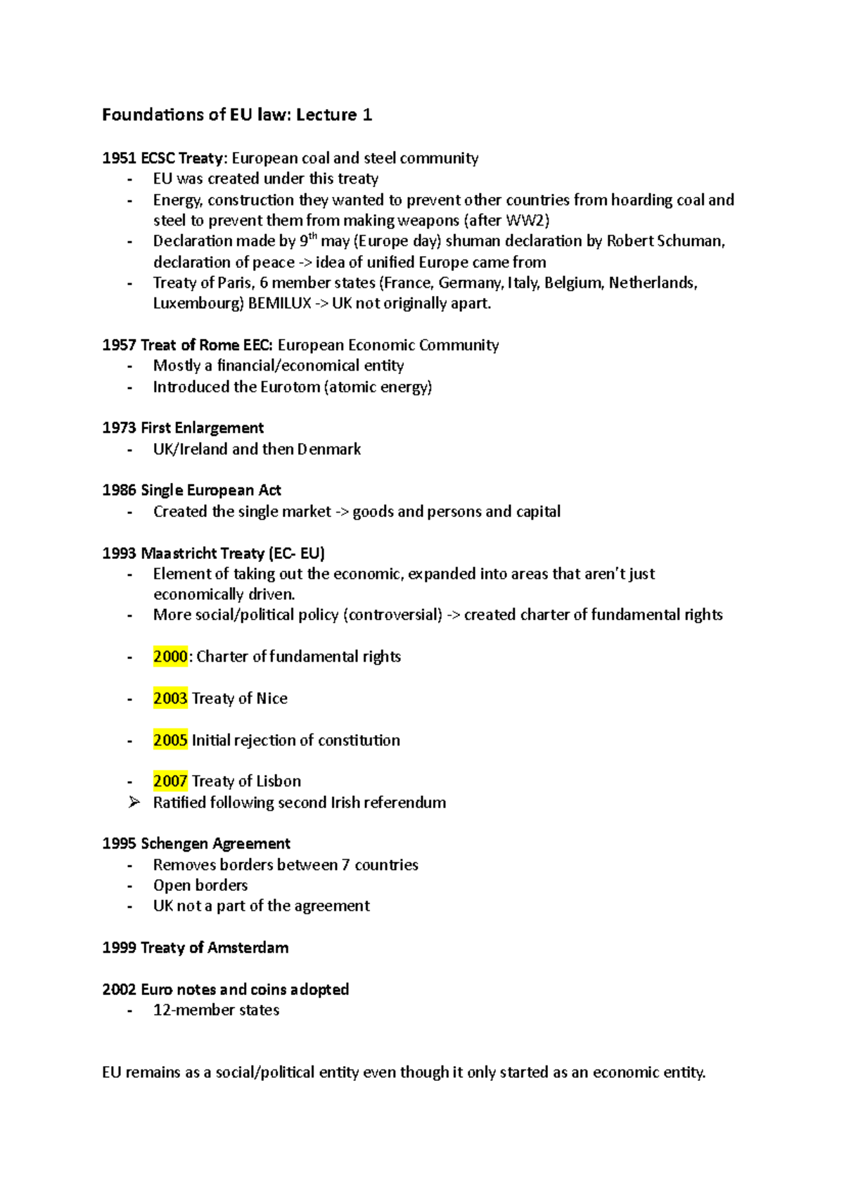 Lecture 1 - Foundations of EU law: Lecture 1 1951 ECSC Treaty: European ...