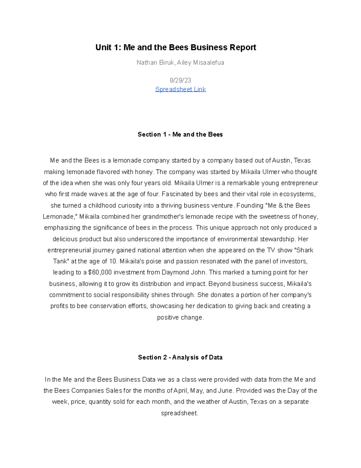 Unit 1 Me and the Bees Business Report - Unit 1: Me and the Bees ...