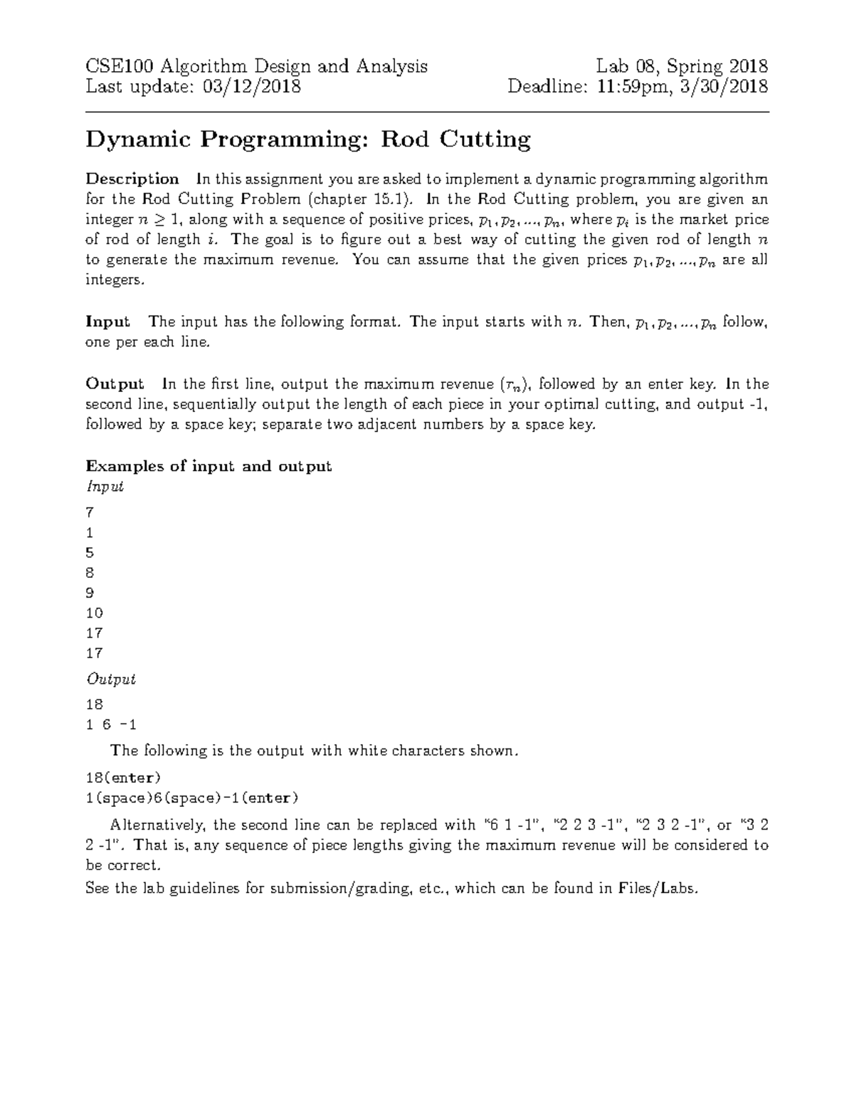Lab08 - Professor Miguel A Carreira Perpnan Dynamic Programming: Rod ...