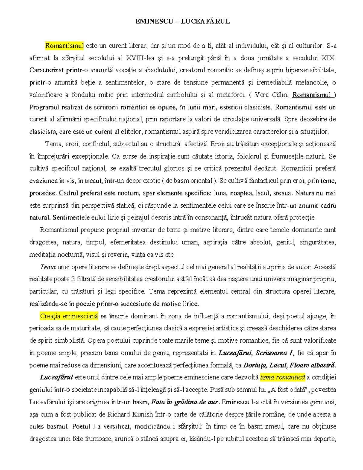 Eminescu - Luceafarul - LITERATURA - EMINESCU – LUCEAFĂRUL Romantismul ...