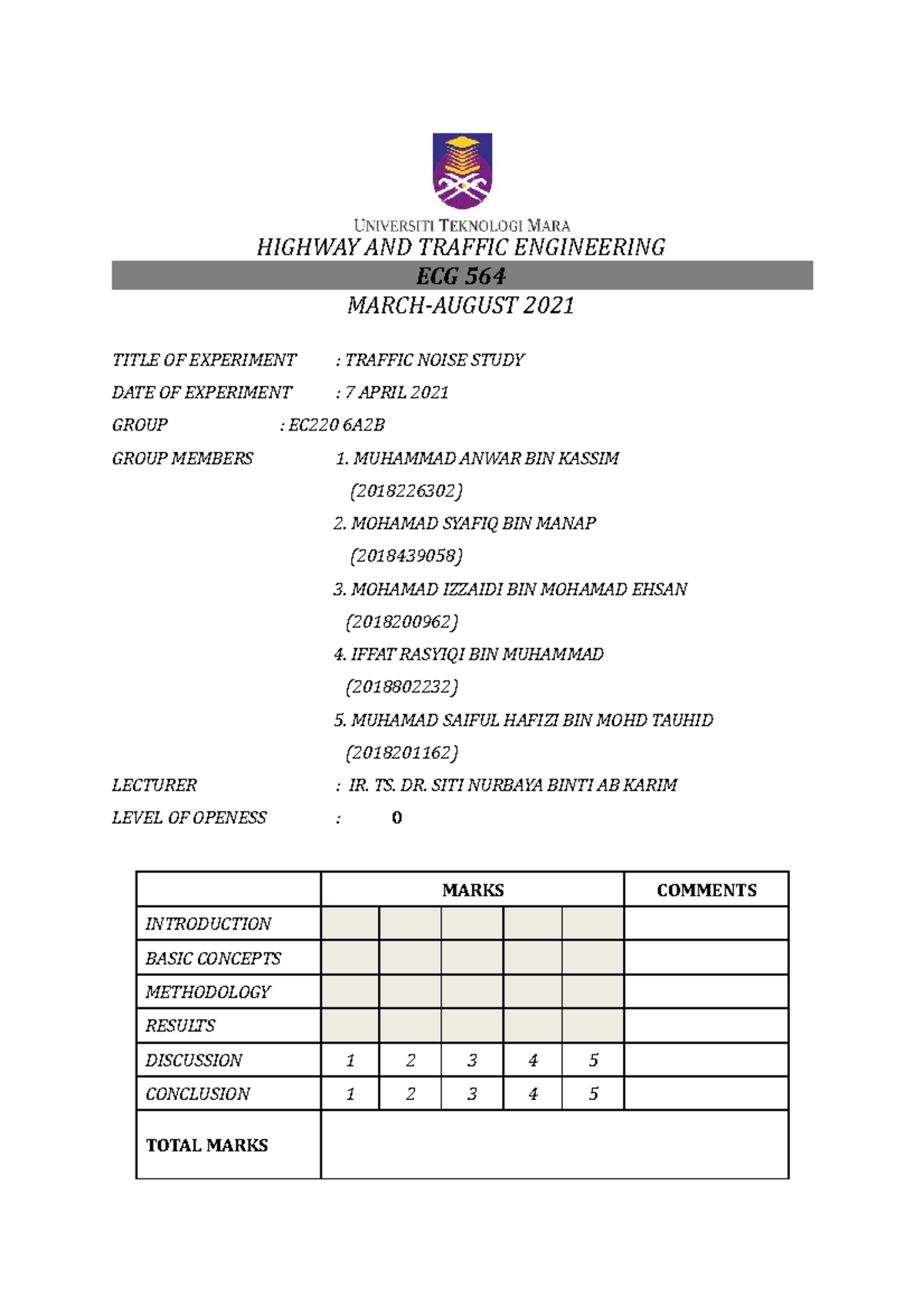 Traffic Noise Study - Lab report - HIGHWAY AND TRAFFIC ENGINEERING ECG ...