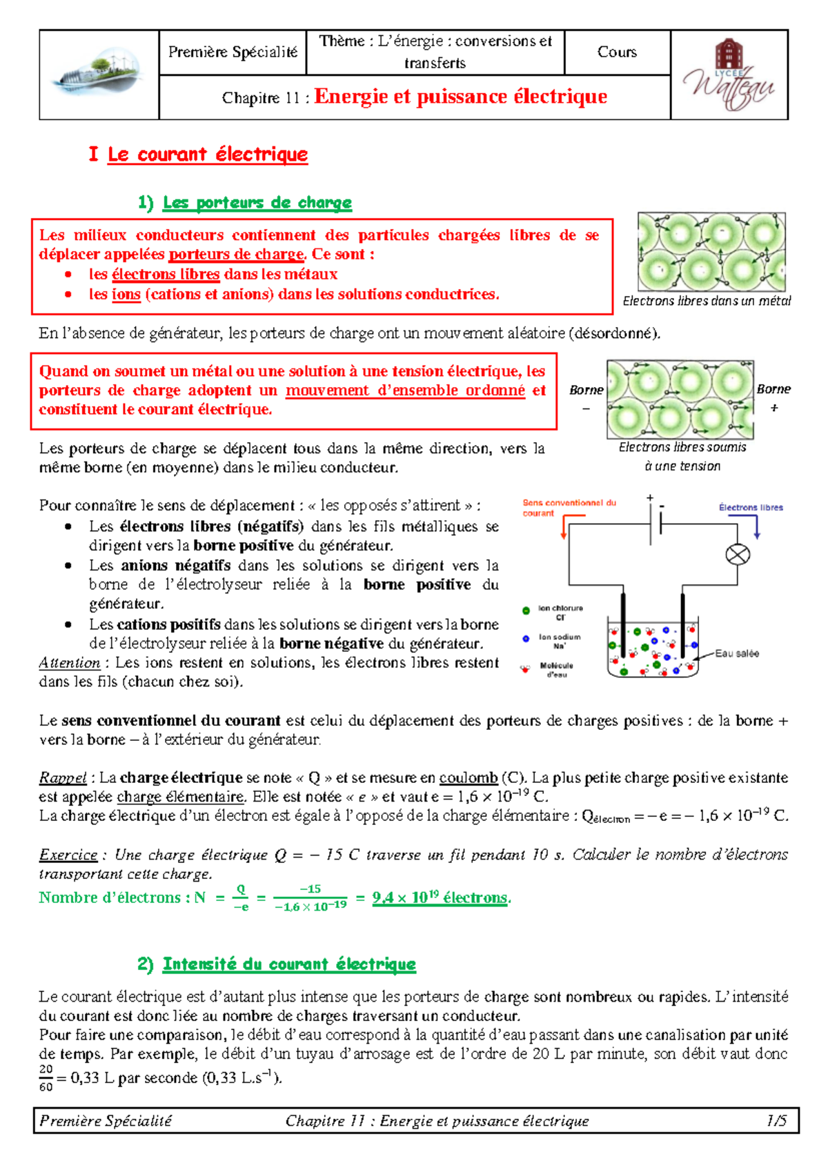 1spe-chap-11-cours-poly-complete-1 - I Le courant électrique 1) Les porteurs de charge Les ...