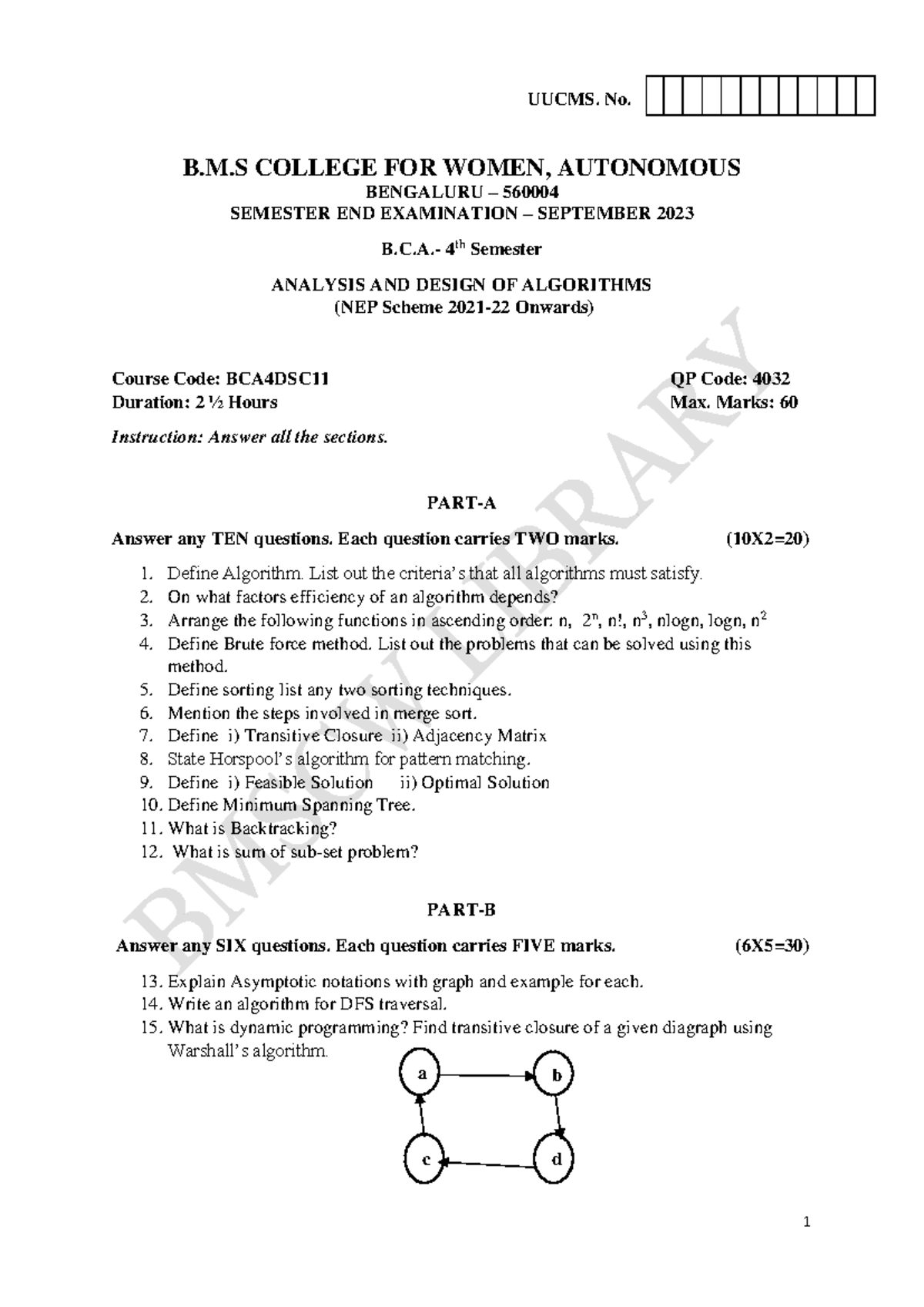 Analysis AND Design OF Algorithms - 4032-BCA - 1 UUCMS. No. B.M COLLEGE FOR WOMEN, AUTONOMOUS ...