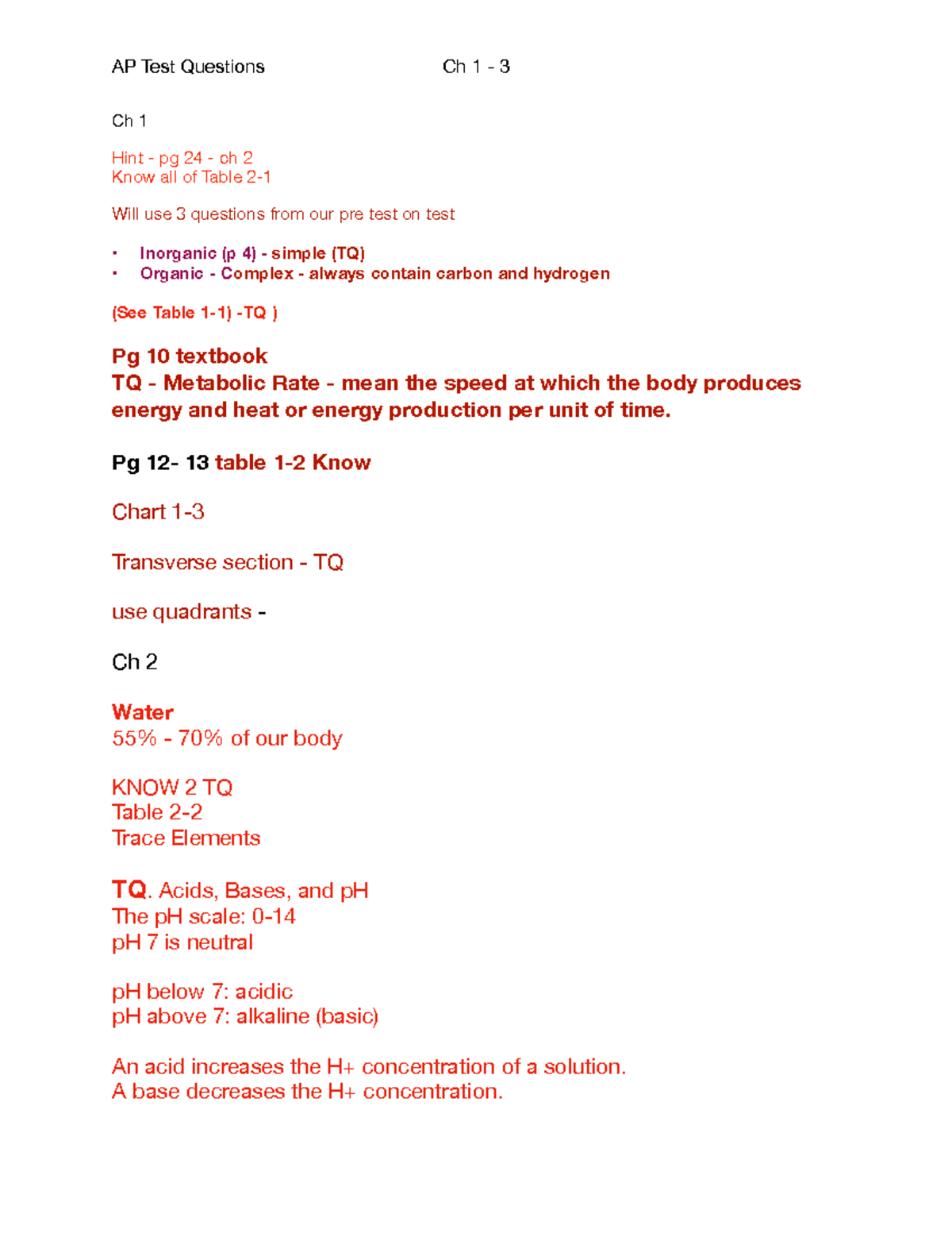 AP Test Questions anatomy - Ch 1 Hint - pg 24 - ch 2 Know all of Table ...