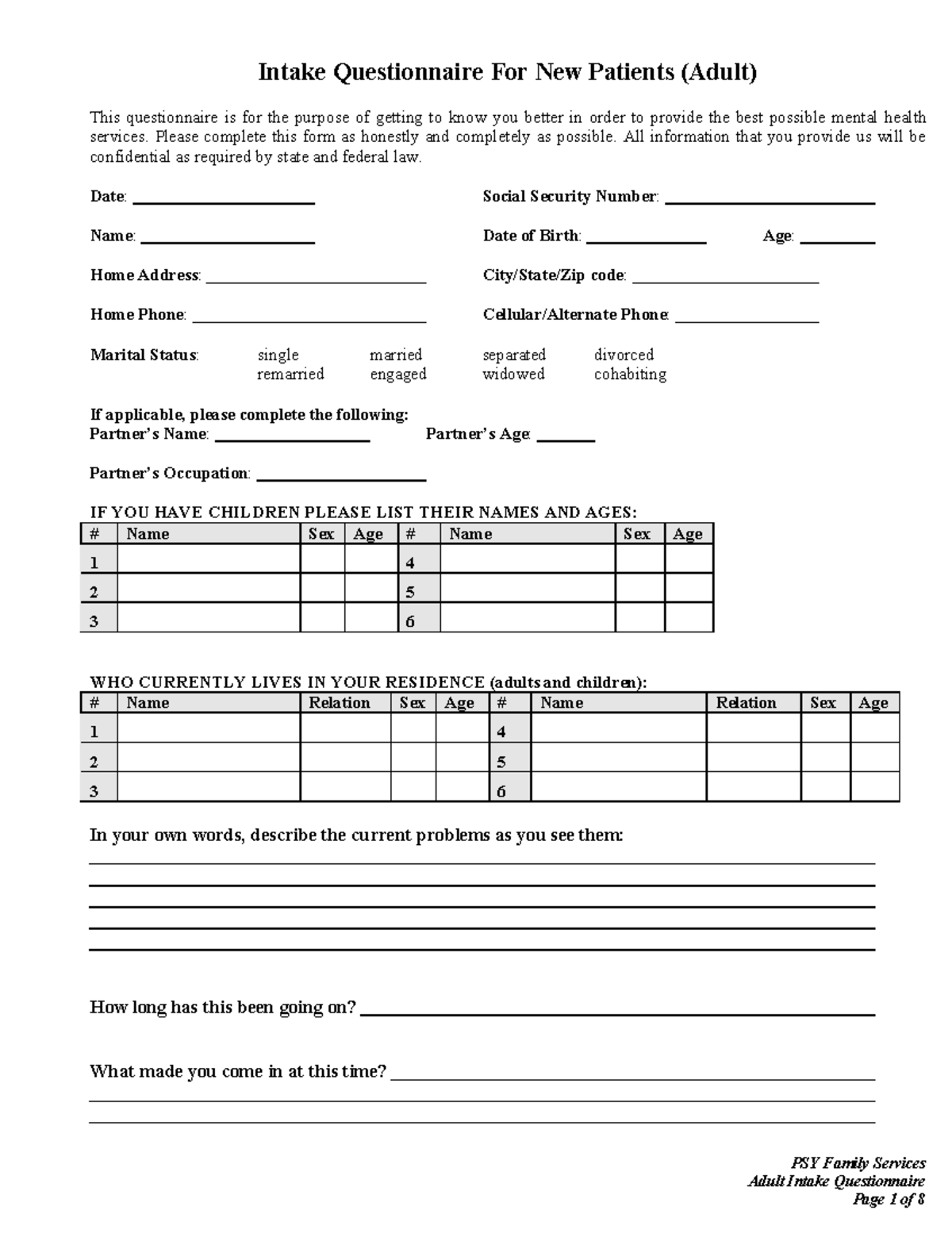 1 intake questionnaire adult - PSY Family Services Adult Intake ...