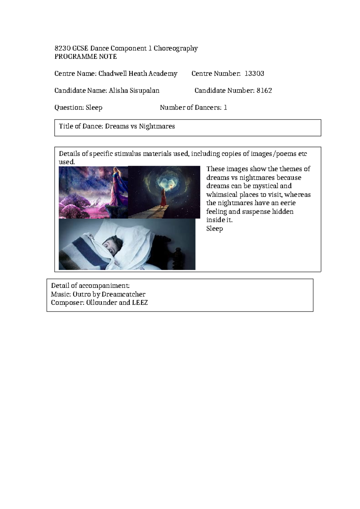 GCSE Dance Programme Note - 8230 GCSE Dance Component 1 Choreography ...