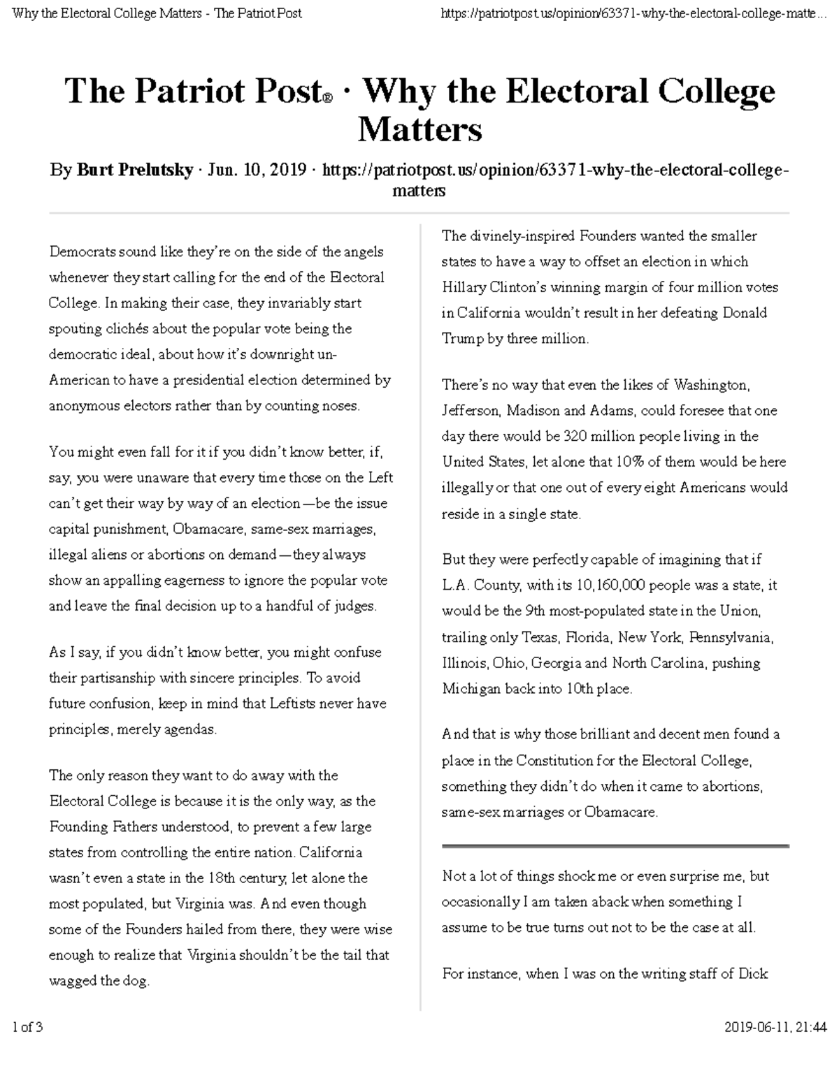 Prelutsky, Why the Electoral College Matters - The Patriot Post, 6-10 ...