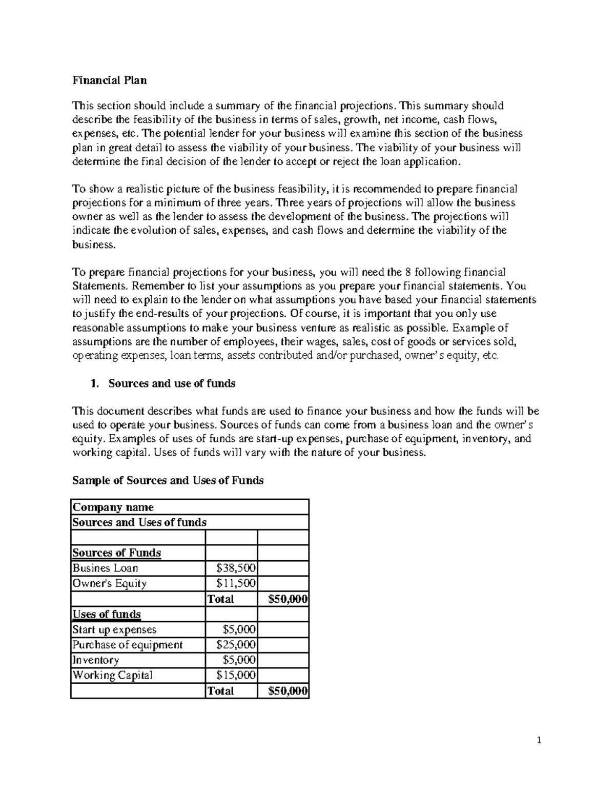 Financial Planning Methods - Financial Plan This section should include ...