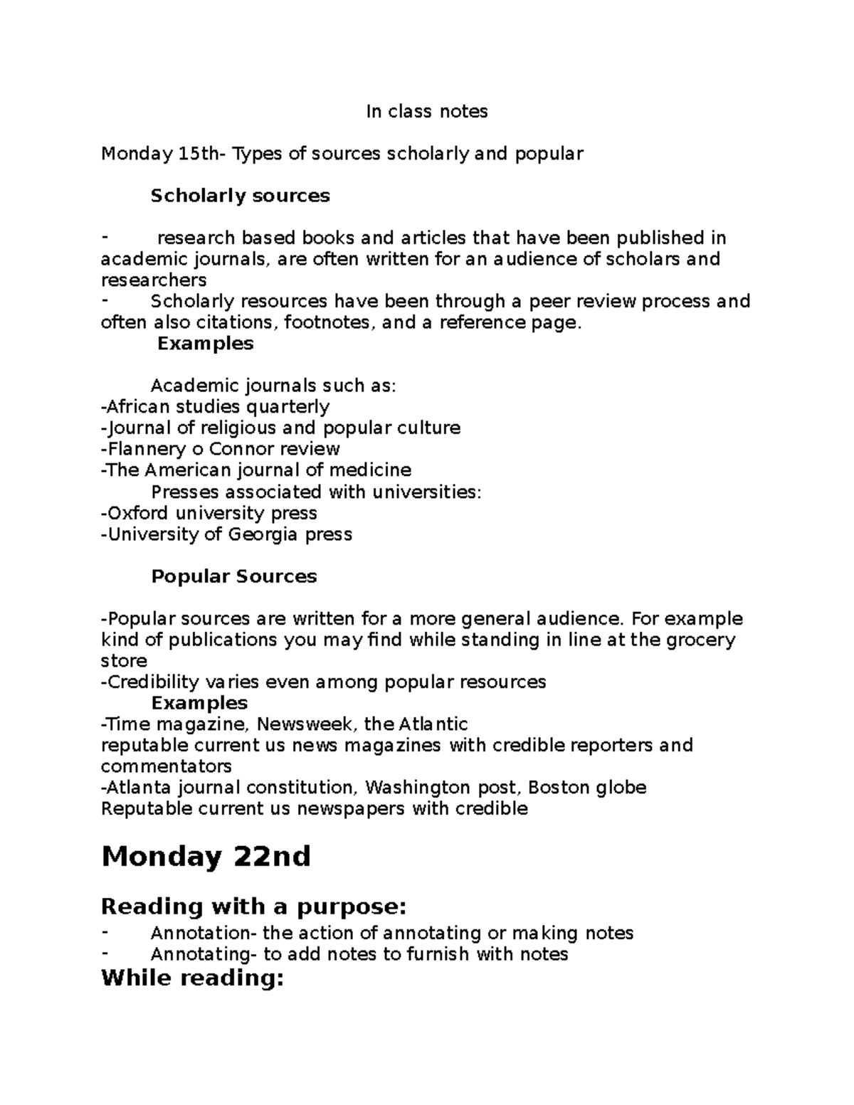 In class notes - In class notes Monday 15th- Types of sources scholarly ...