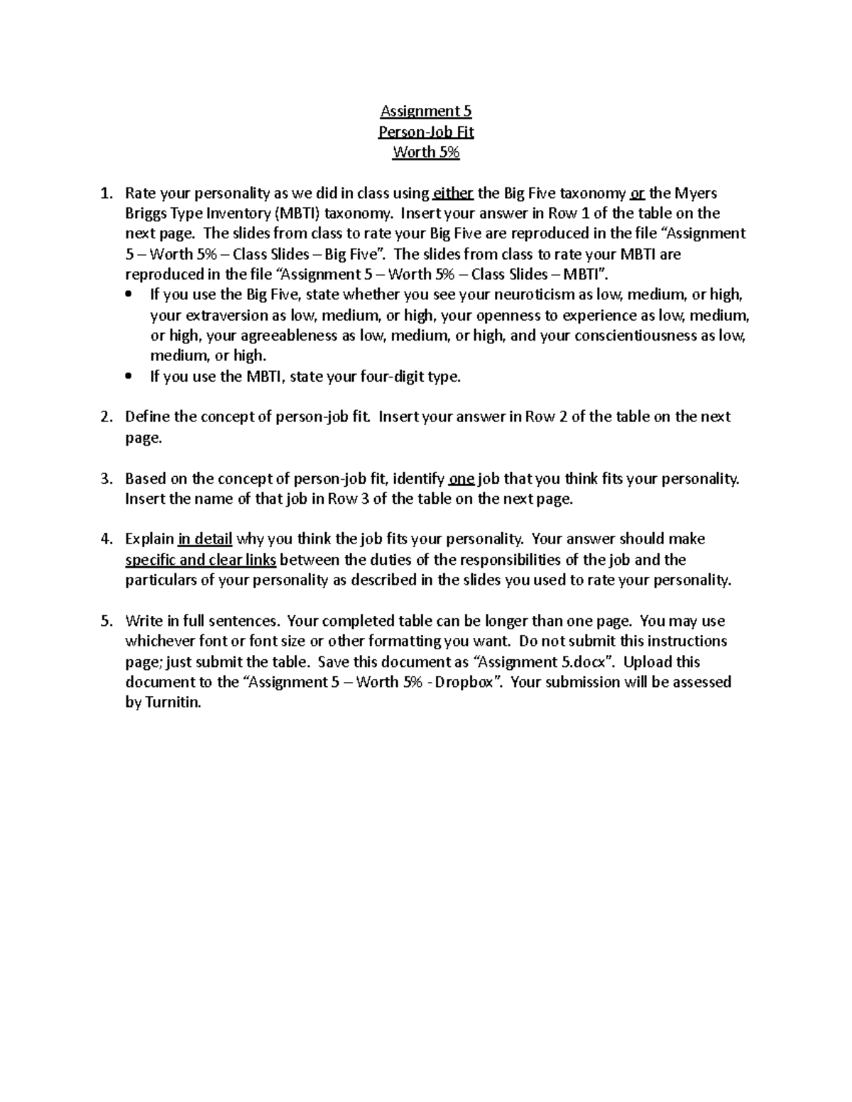 Assignment 5 - Worth 5% - Instructions - Assignment 5 Person-Job Fit ...