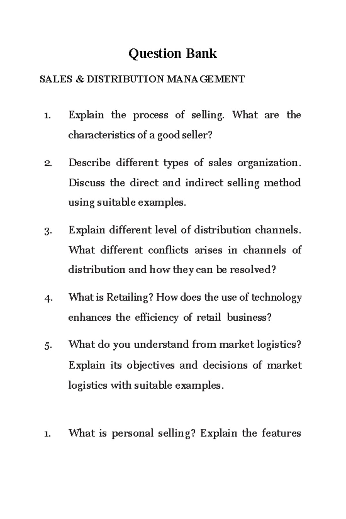 Sales Management - Question Bank SALES & DISTRIBUTION MANAGEMENT ...