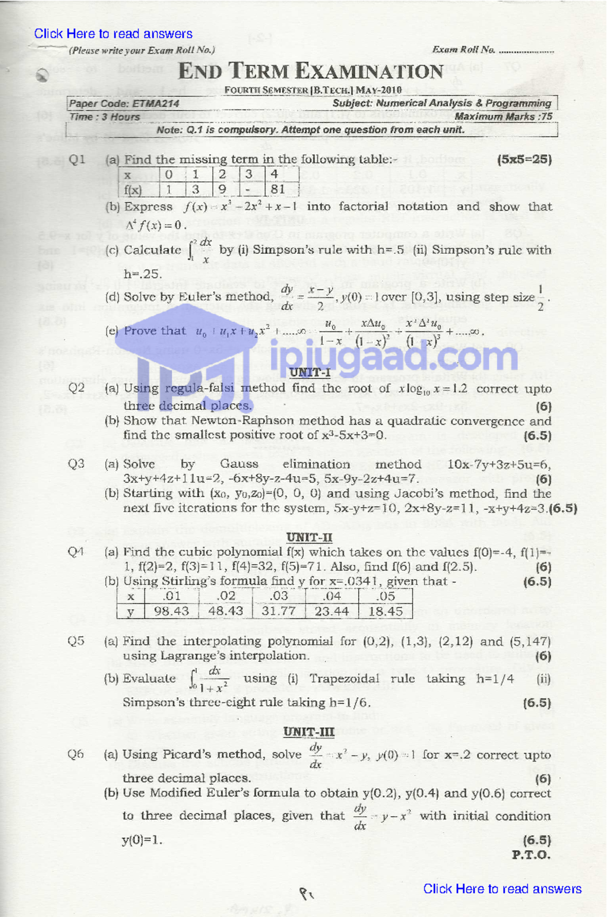 Ipjugaad B Tech Numerical Analysis Programming 2010 Paper 1109