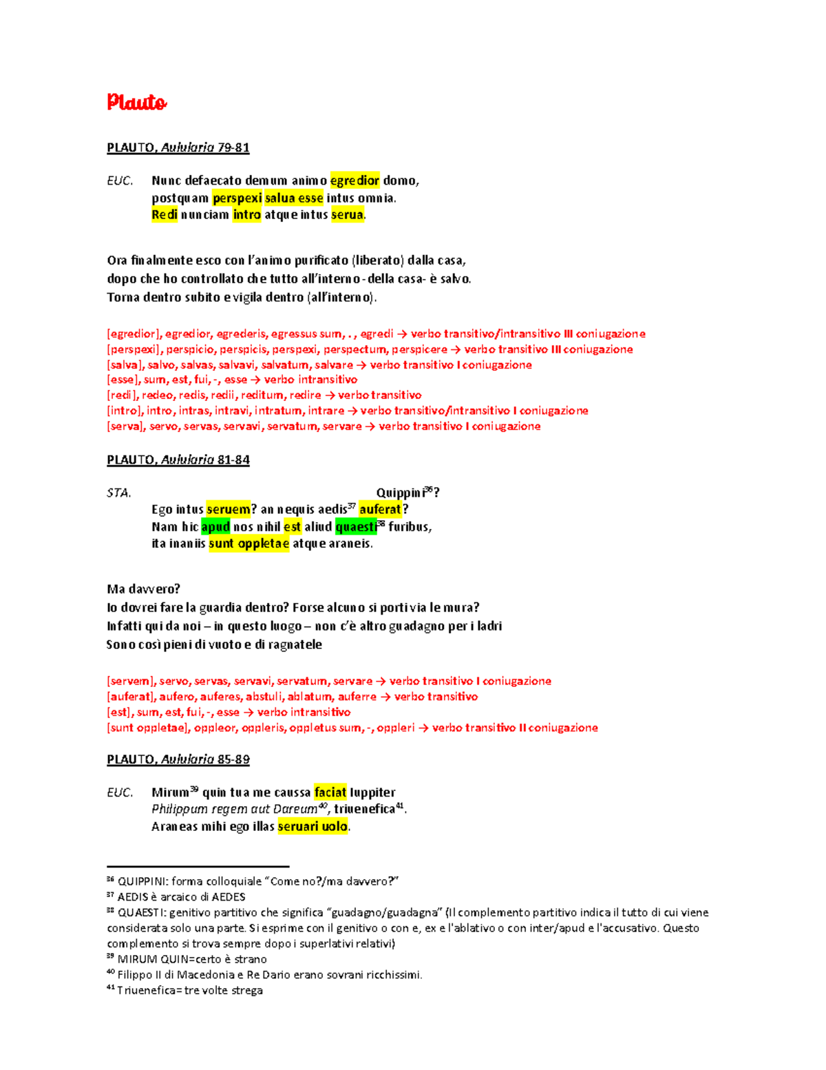 Plauto traduzione Aulularia - Plauto PLAUTO, Aulularia 79- EUC. Nunc ...